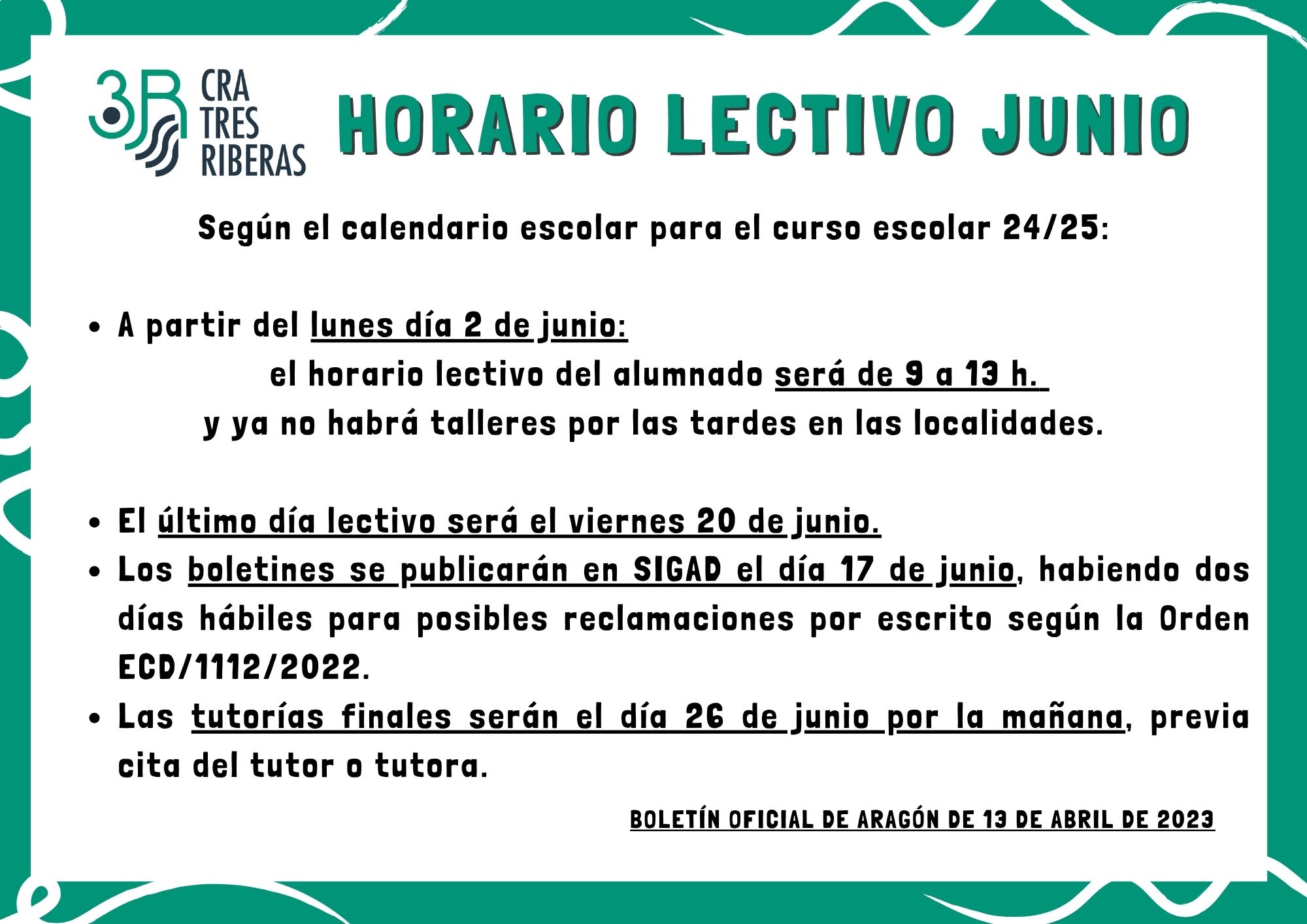 HORARIO LECTIVO JUNIO 2025 - CRA Tres Riberas